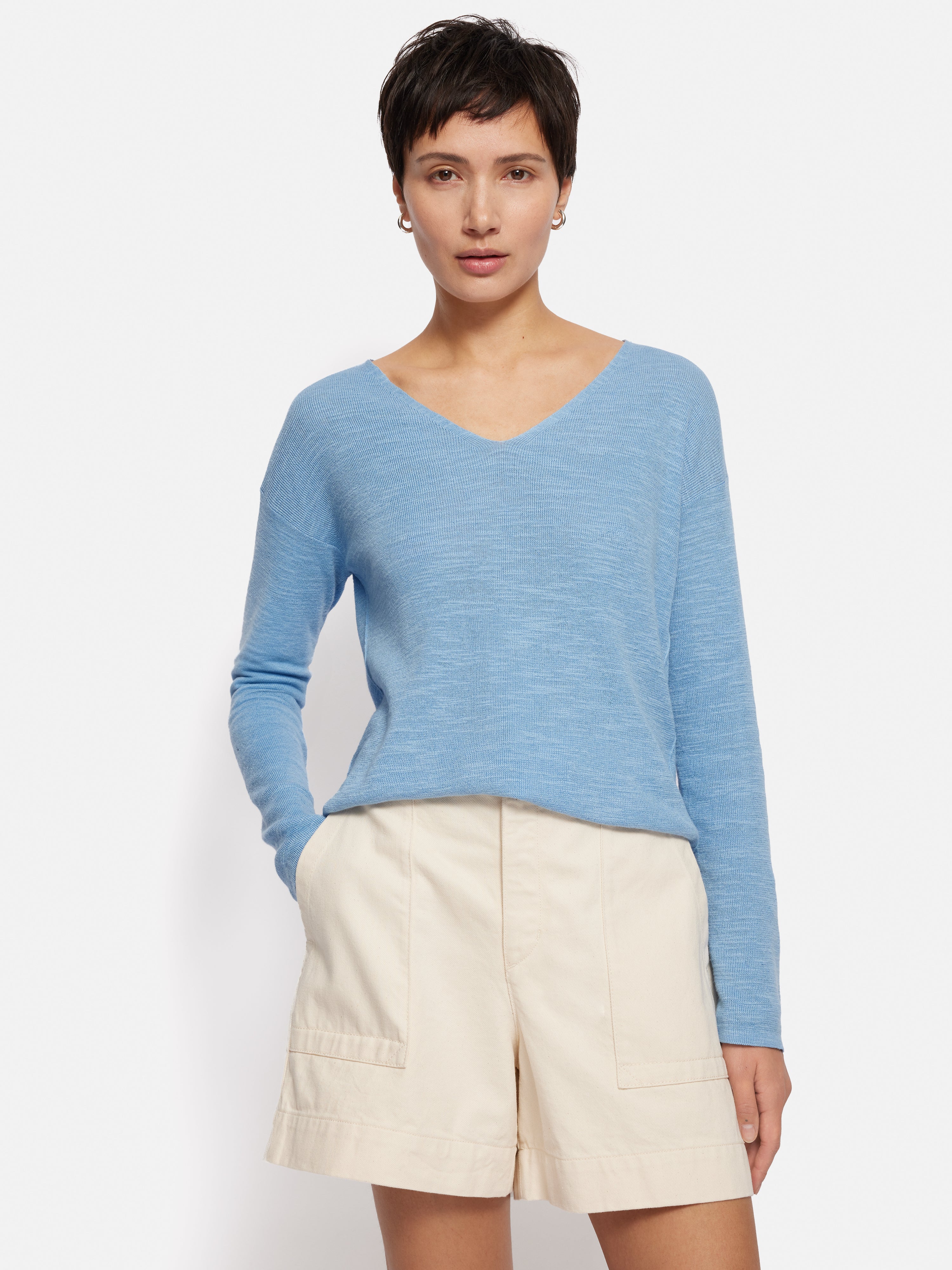 Linen Cotton V Neck Jumper | Blue – Jigsaw