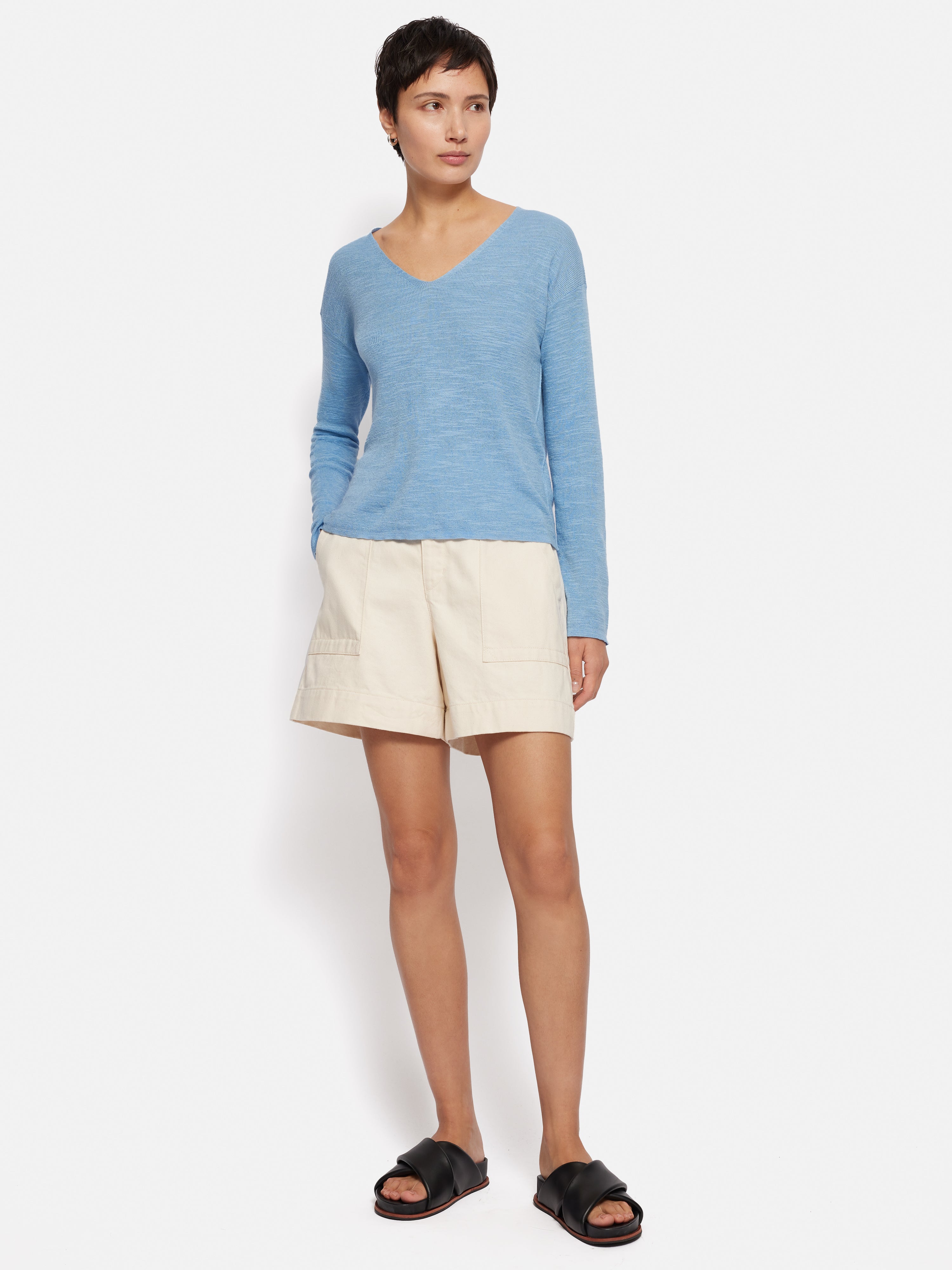 Linen Cotton V Neck Jumper | Blue – Jigsaw