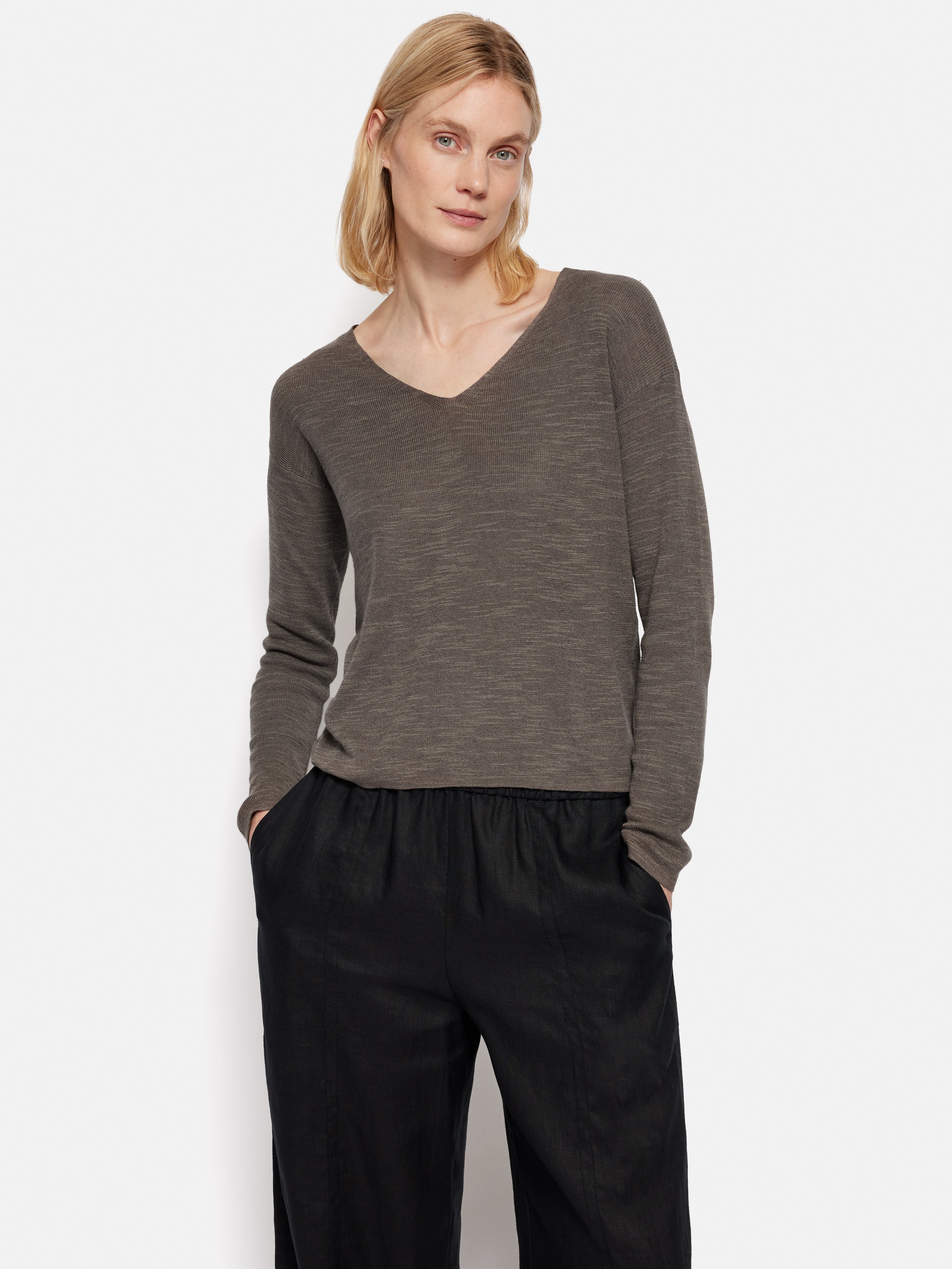 Linen Cotton V Neck Jumper | Brown – Jigsaw