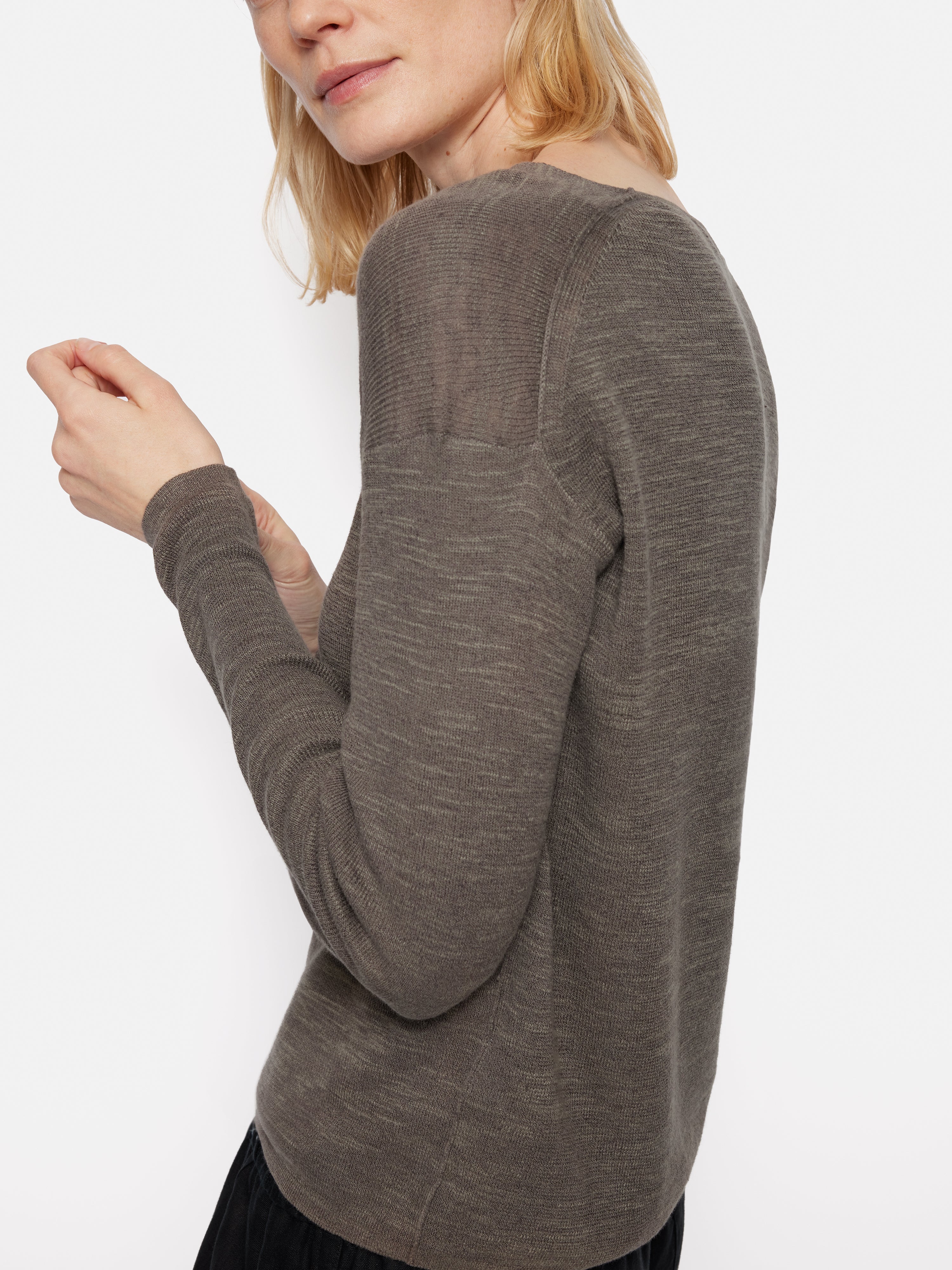 Linen Cotton V Neck Jumper | Brown – Jigsaw