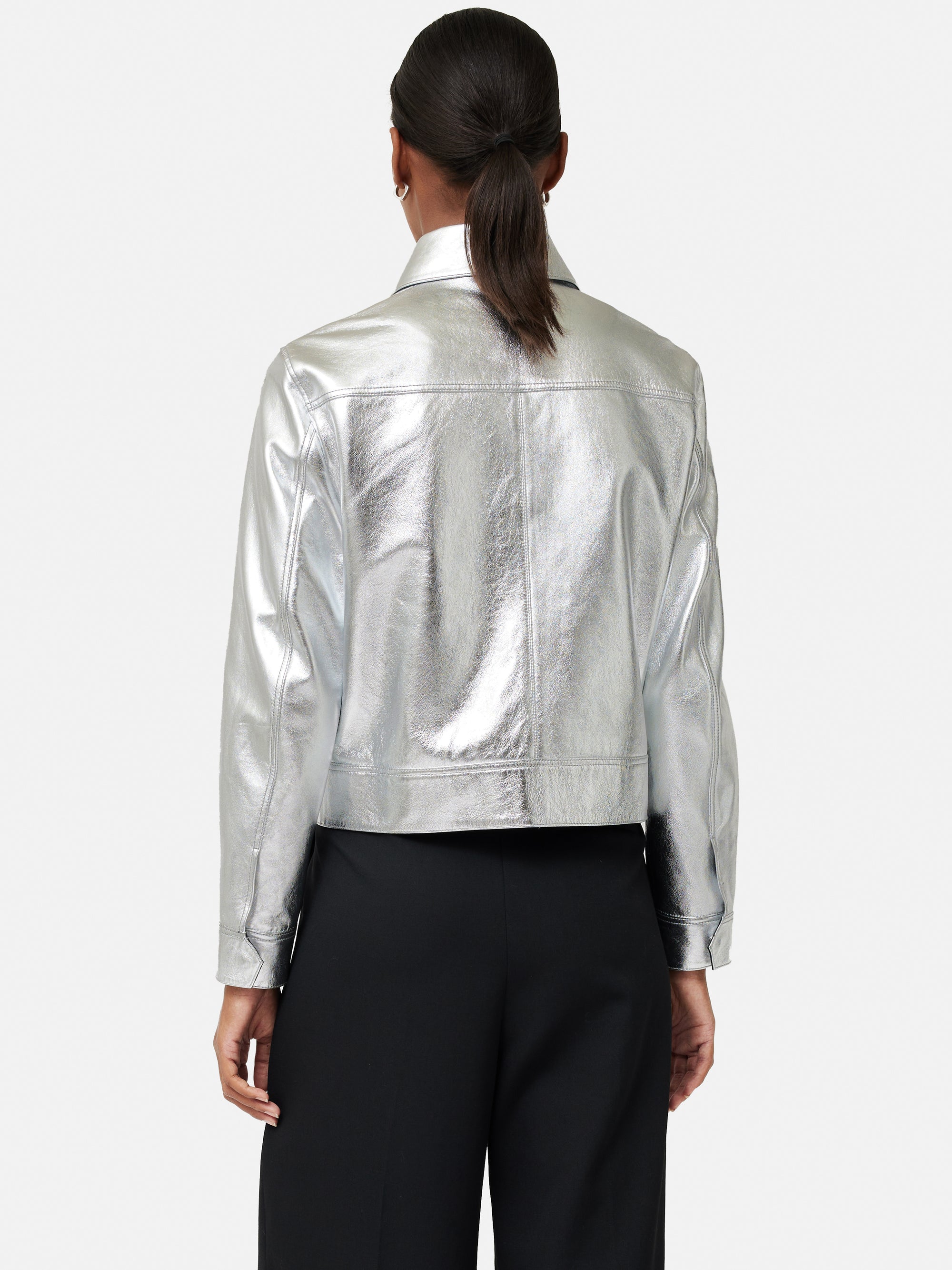 Zip Front Leather Biker Jacket | Silver – Jigsaw