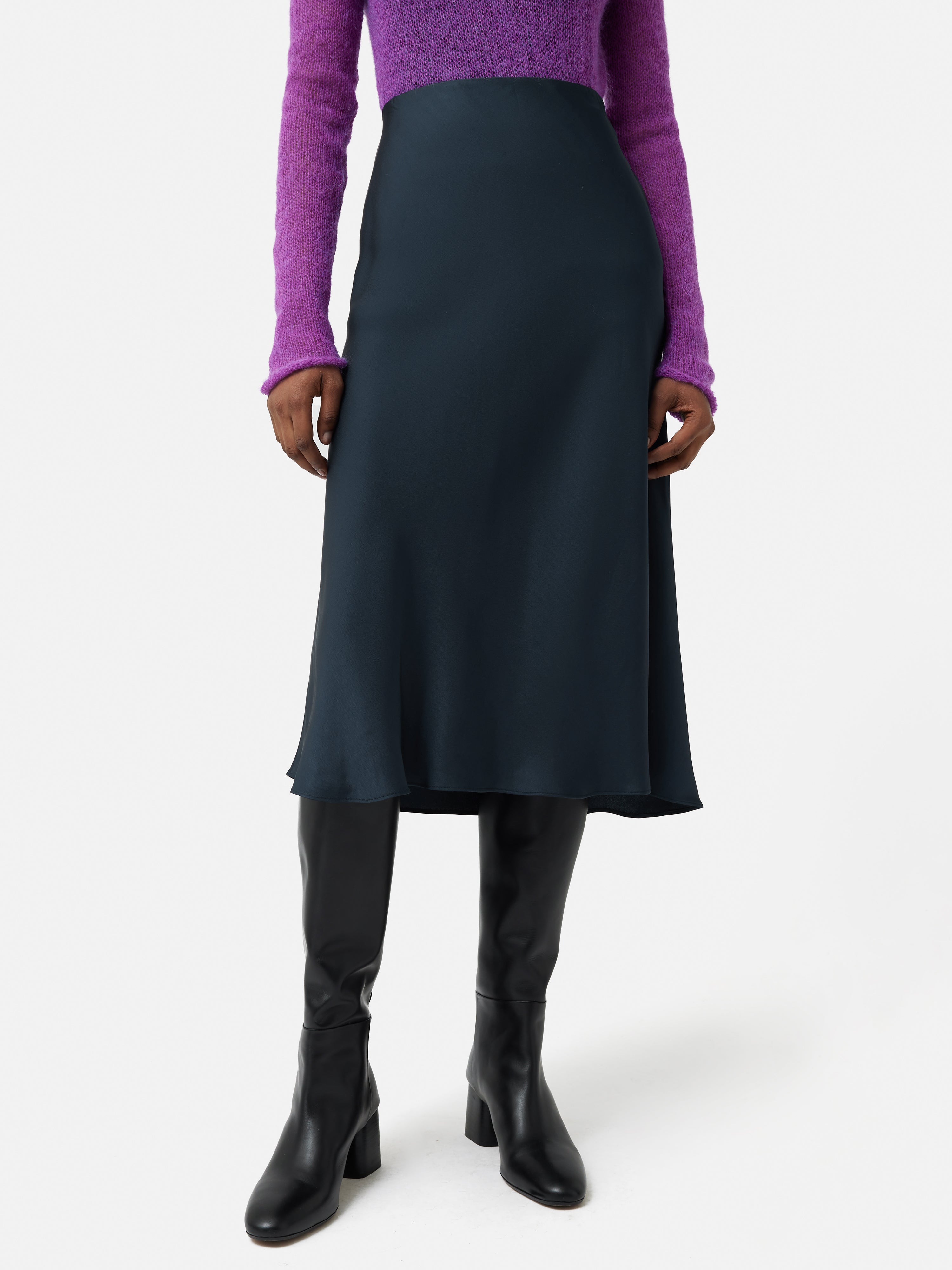 Satin Bias Midi Slip Skirt | Navy – Jigsaw