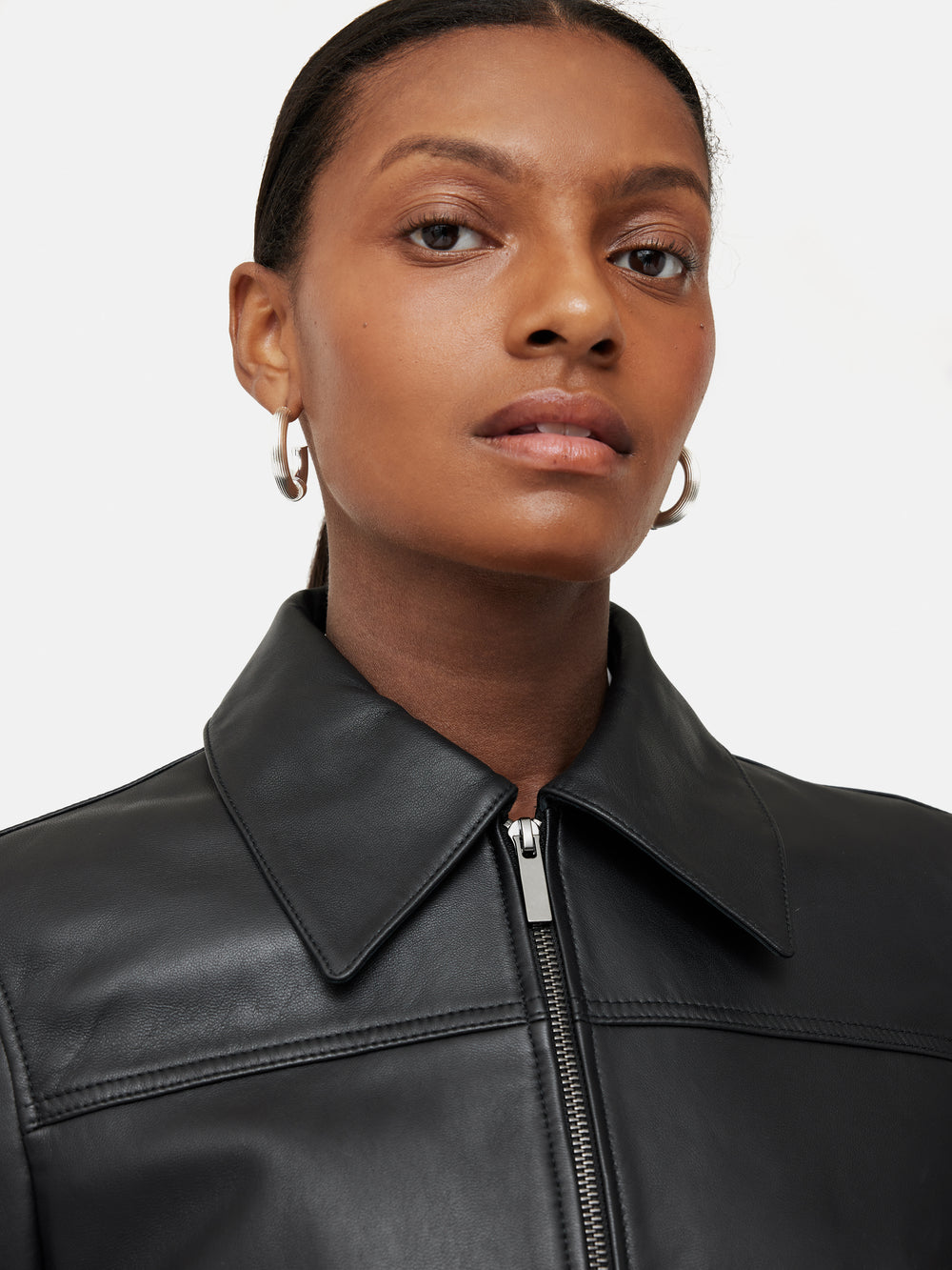 Zip Front Leather Biker Jacket | Black – Jigsaw