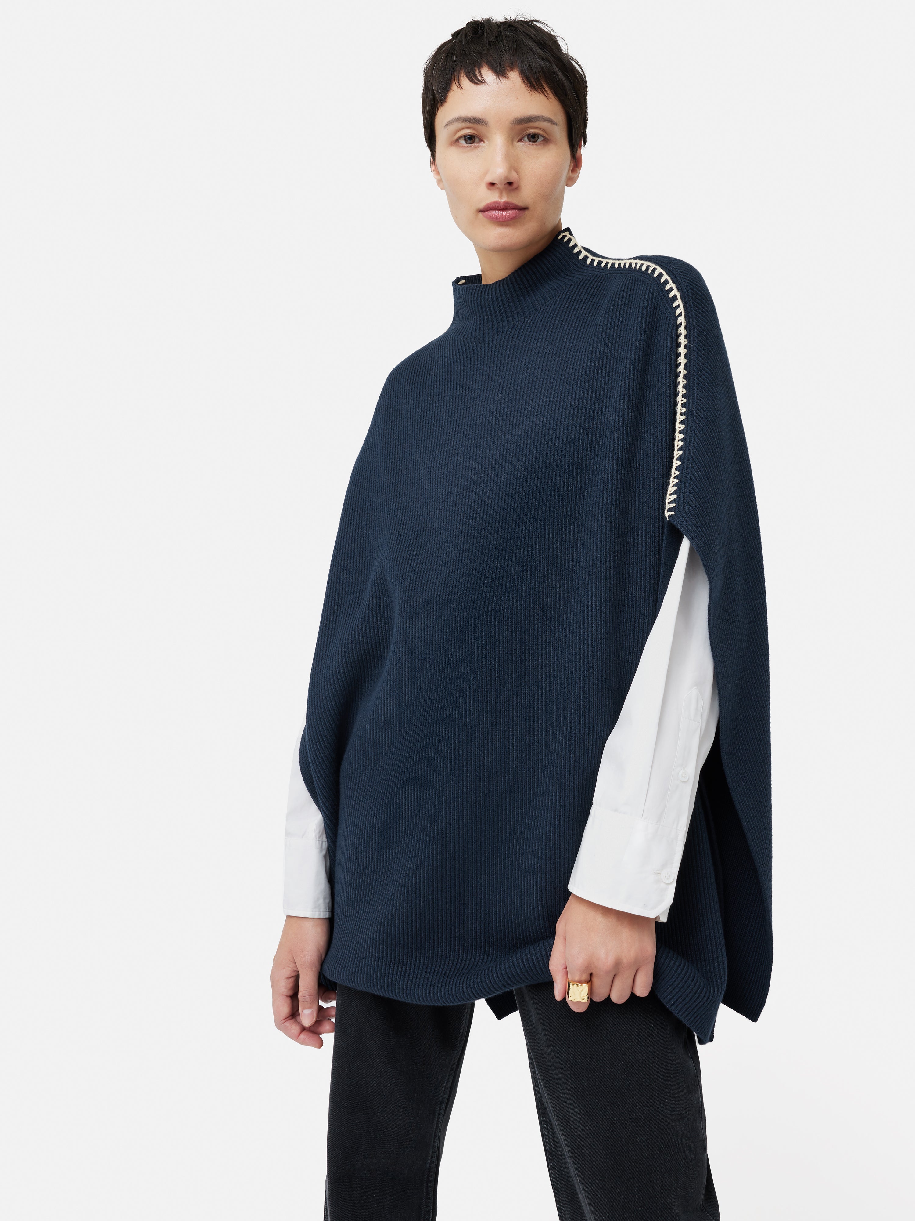 Blanket Stitch Poncho | Navy – Jigsaw