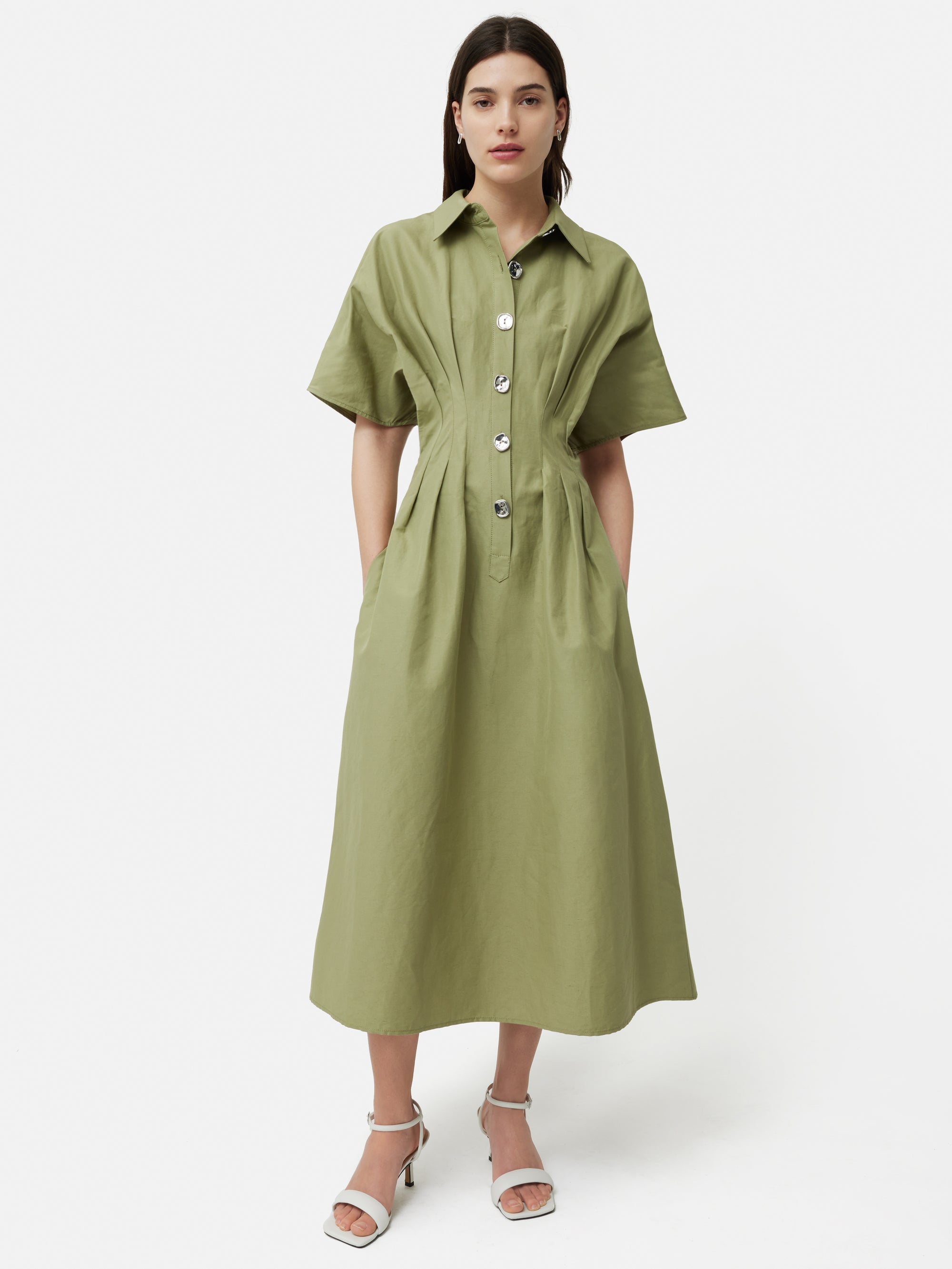 Cotton Stitched Pleat Dress | Green – Jigsaw