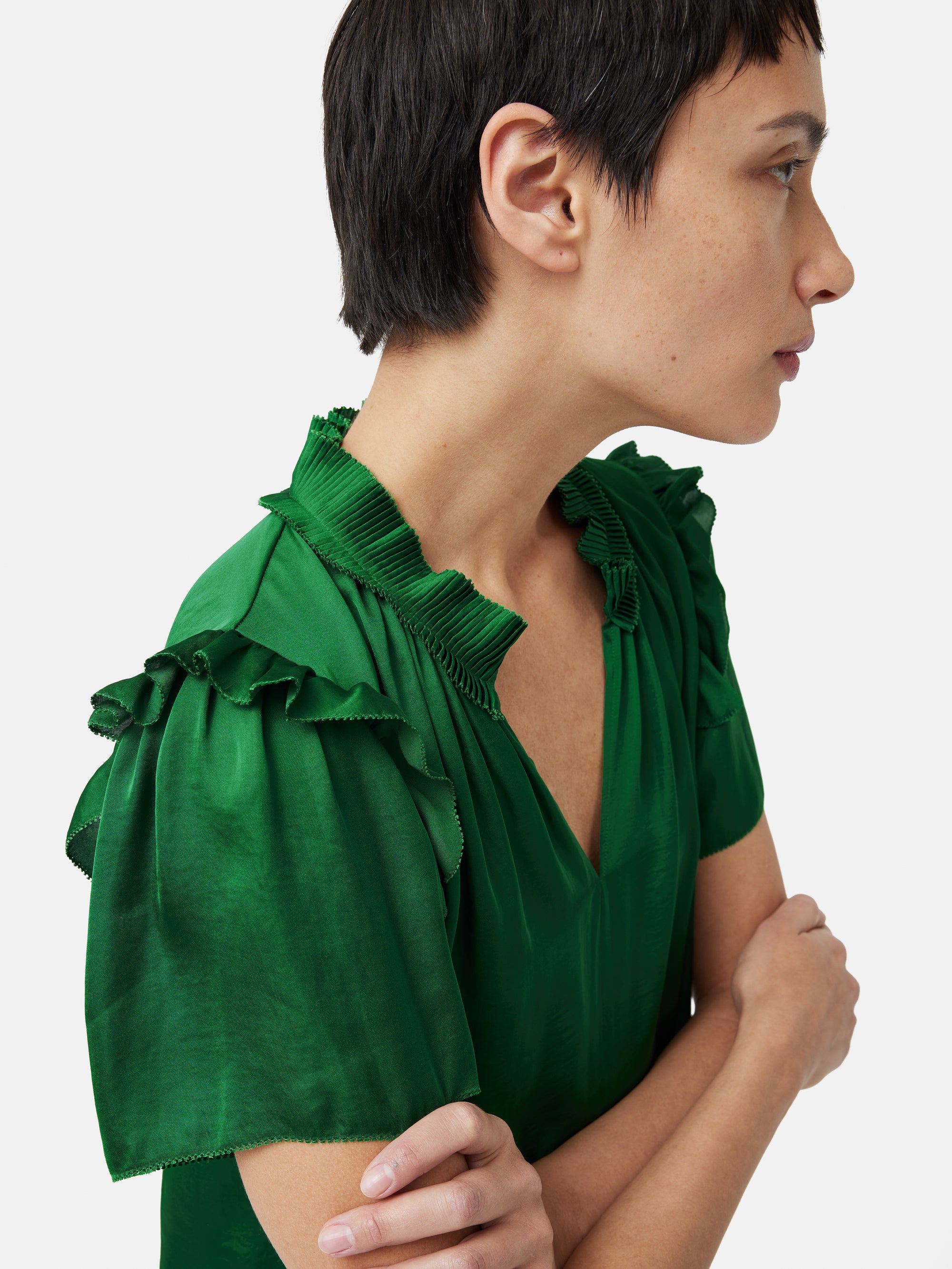 Recycled Satin Ruffle Top | Green – Jigsaw