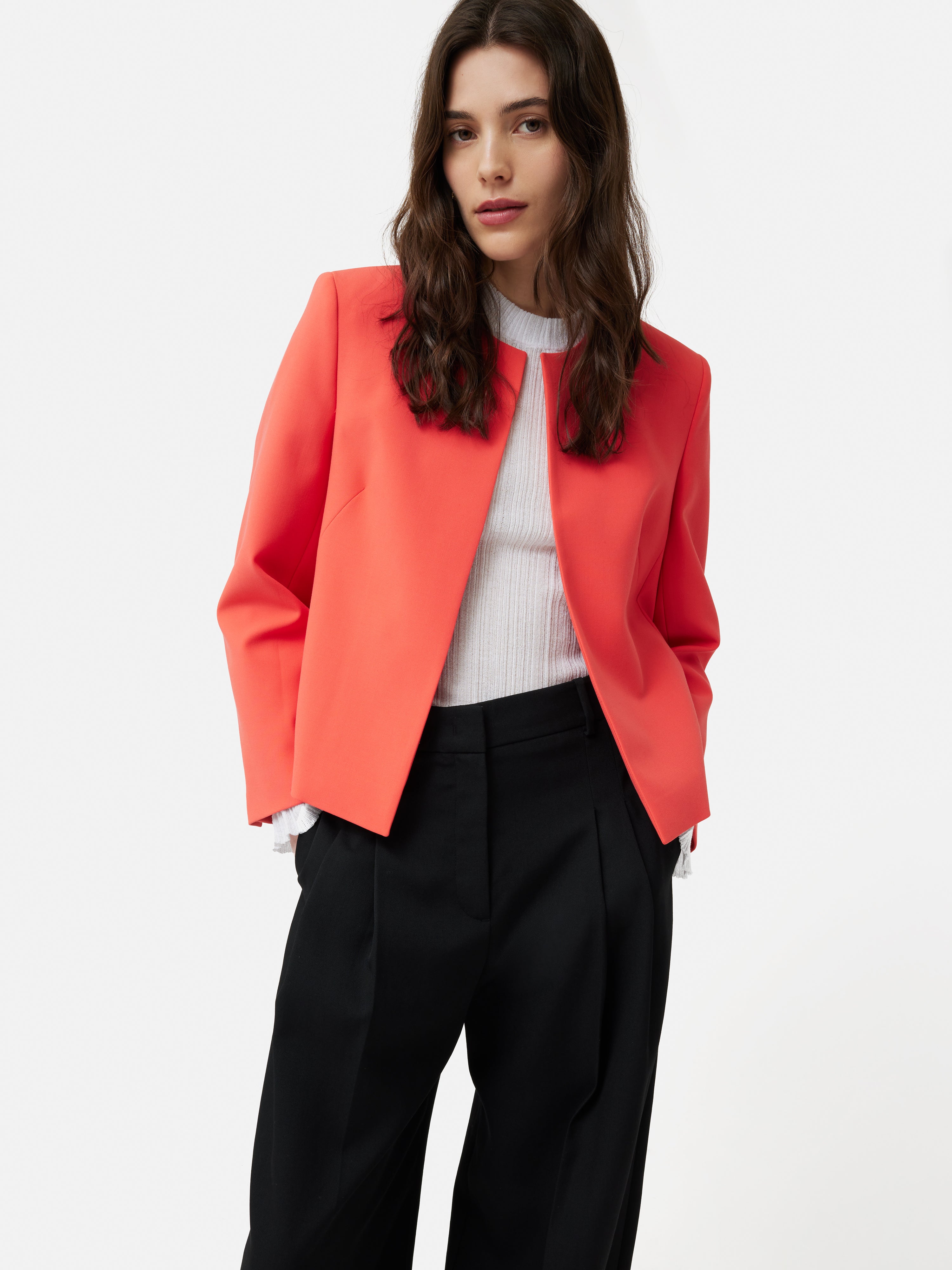 Italian Modern Crepe Short Jacket | Coral – Jigsaw