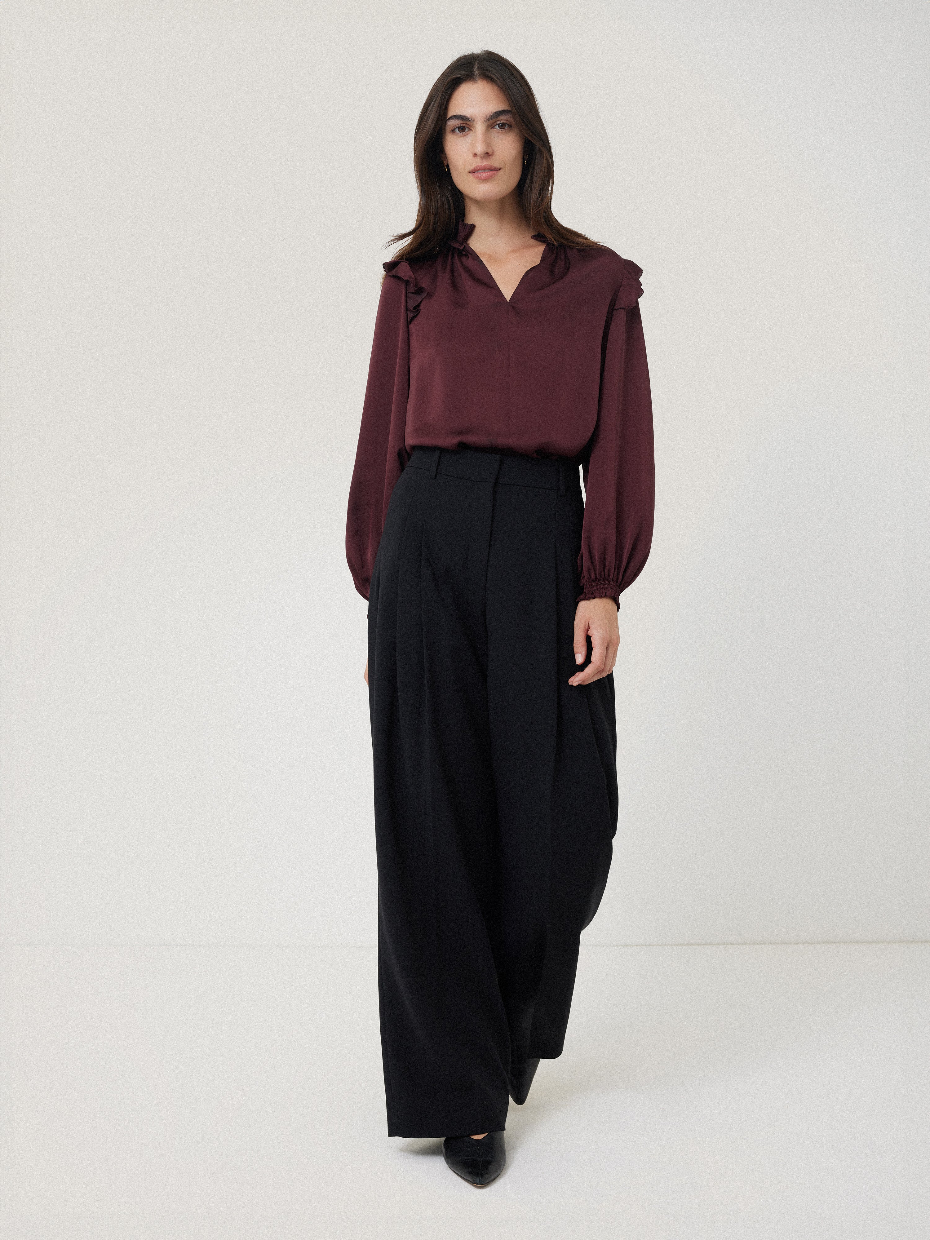 Recycled Satin Ruffle Top | Burgundy – Jigsaw