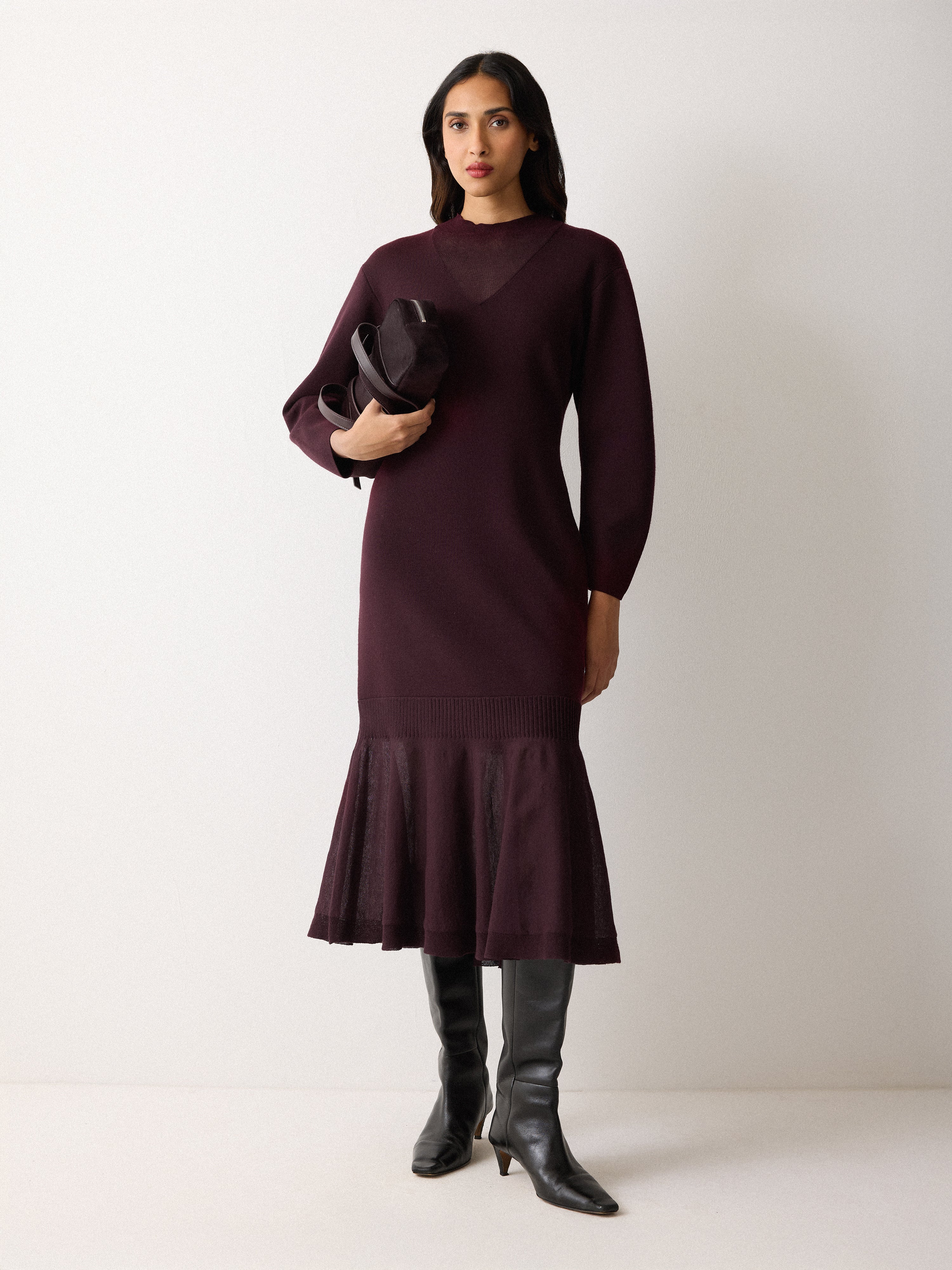 Sheer Panel Knit Dress | Burgundy – Jigsaw