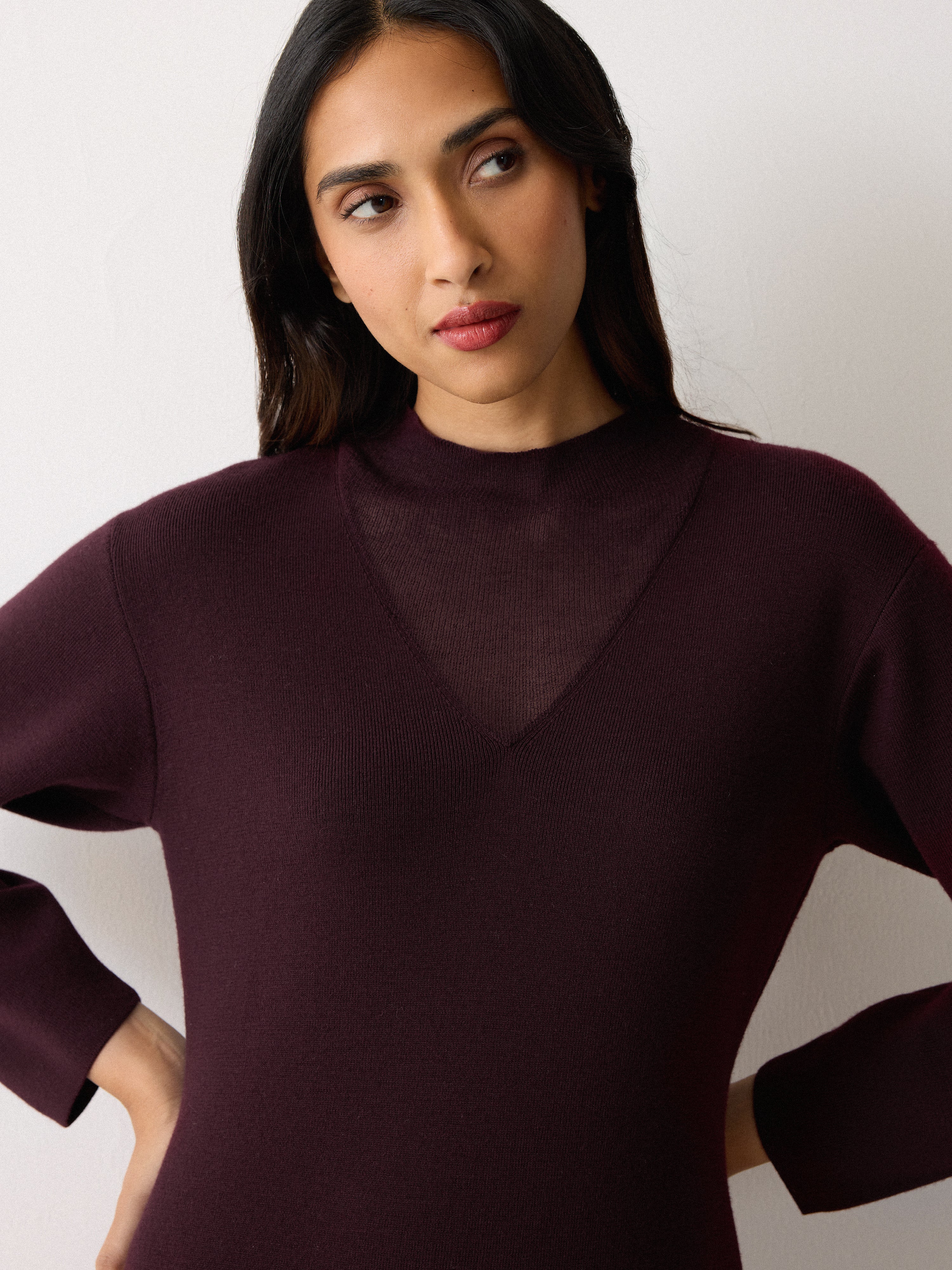 Sheer Panel Knit Dress | Burgundy – Jigsaw