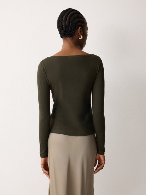 Long Sleeve Cotton Rib Slash Neck Tee | Khaki – Jigsaw