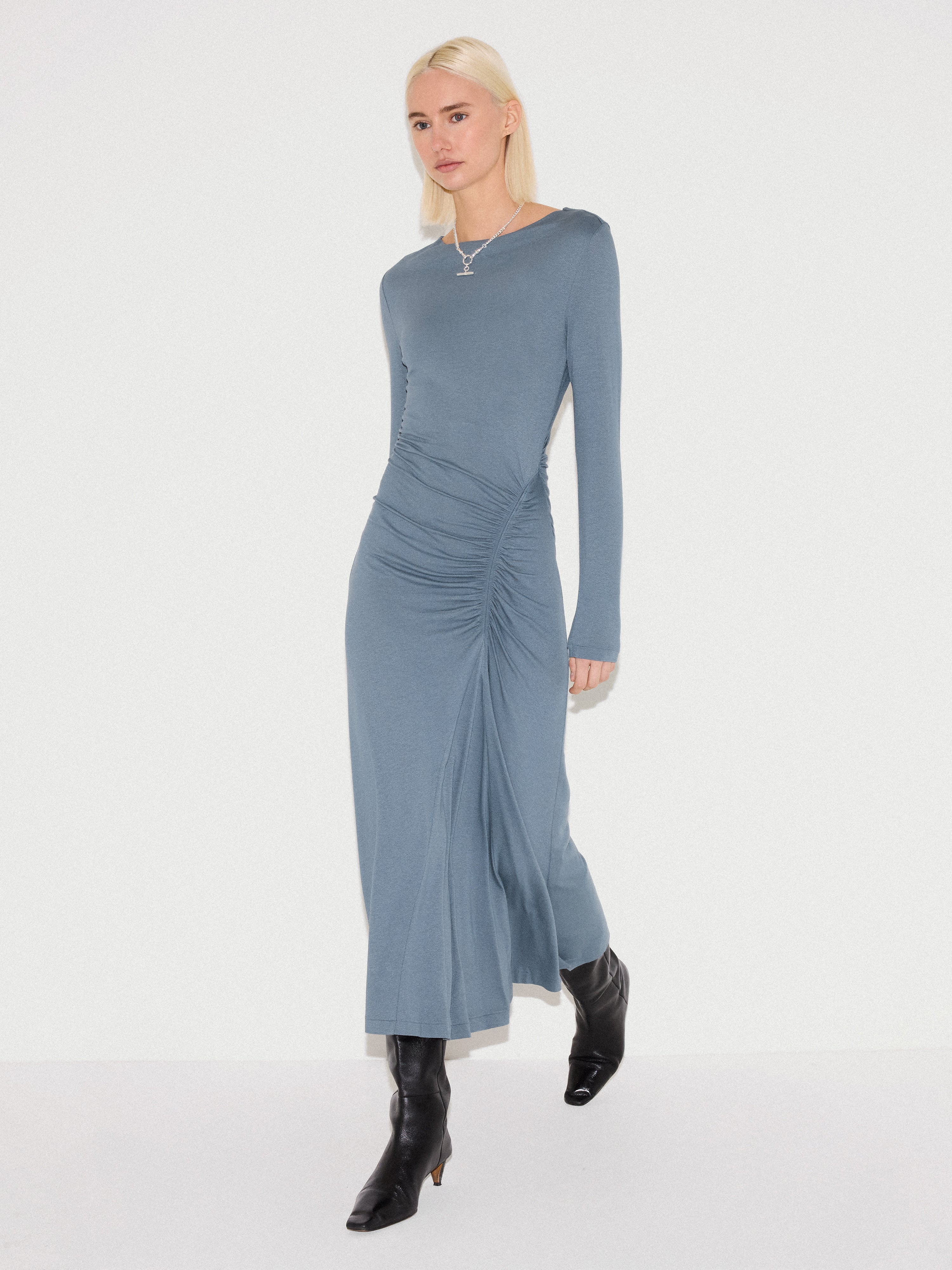 Micro Crepe Cowl Ruched Dress | Blue – Jigsaw