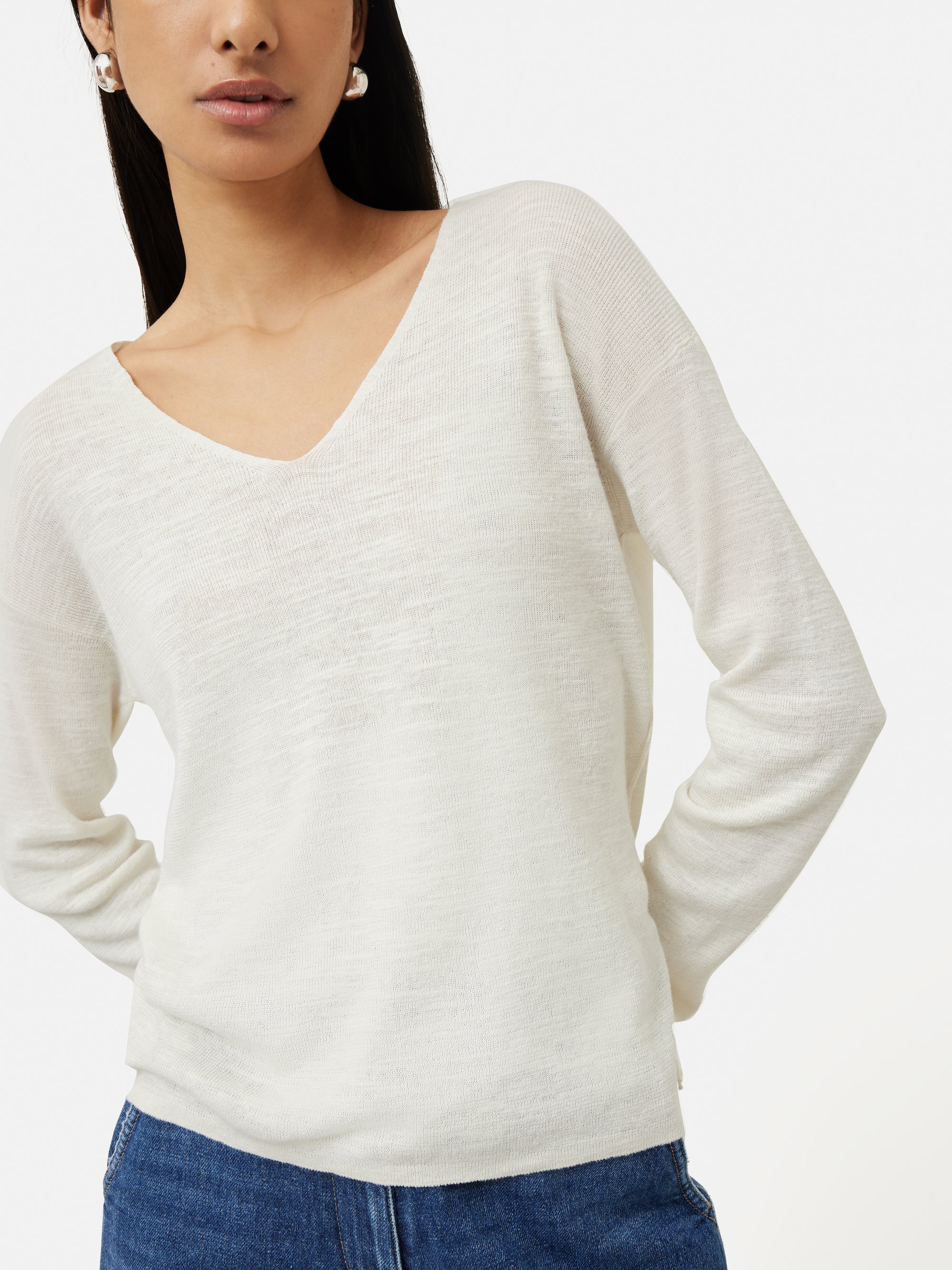 Linen Cotton V Neck Jumper | Ivory – Jigsaw